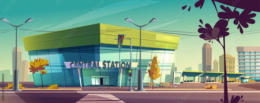 Central bus station. Vector cartoon cityscape with modern city ...