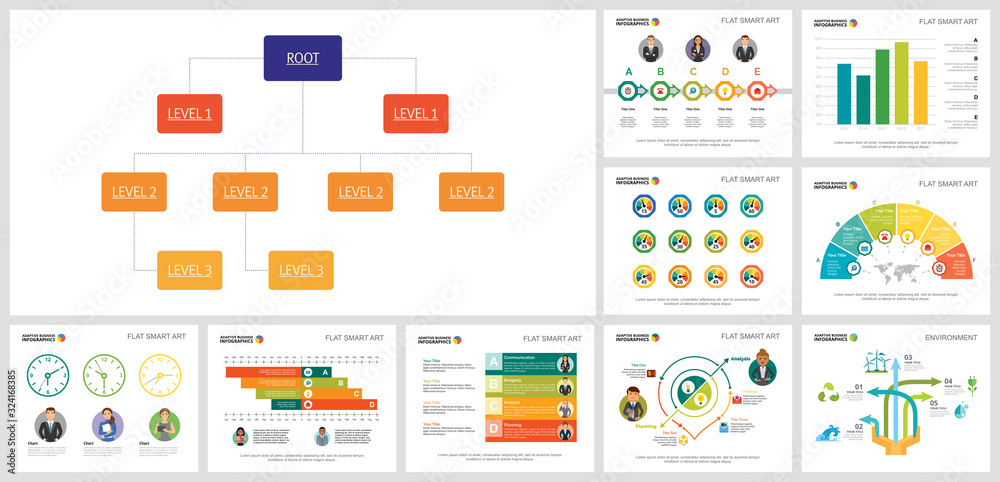Colorful analytics template set for workflow design, HR report ...