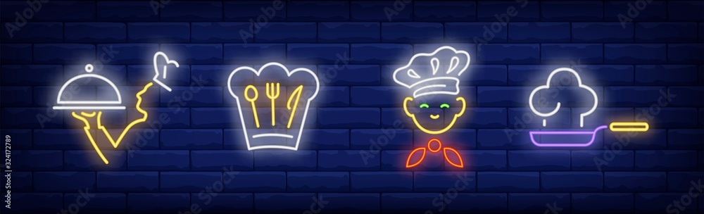 Chef neon sign set. Man, cap. dish, frying pan. Vector illustration in ...