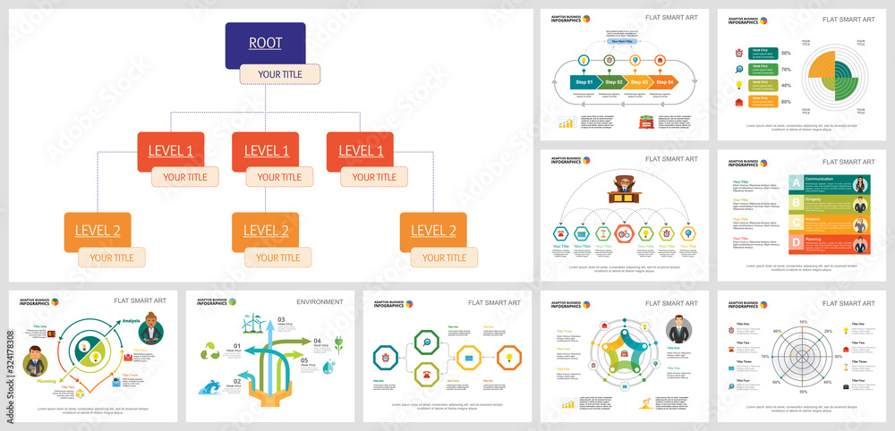 Colorful analytics layout set for work process design, management ...