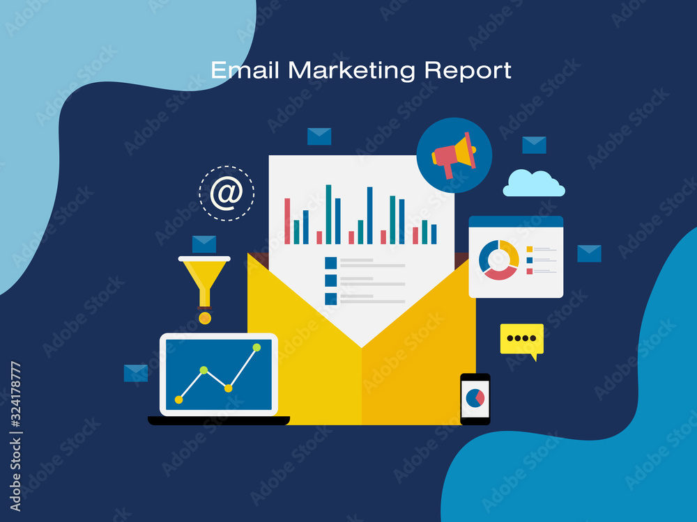 Email marketing report, business report with an envelope, sales funnel ...