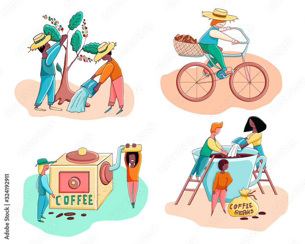 Little funny stylized characters making coffee, harvest coffee and ...