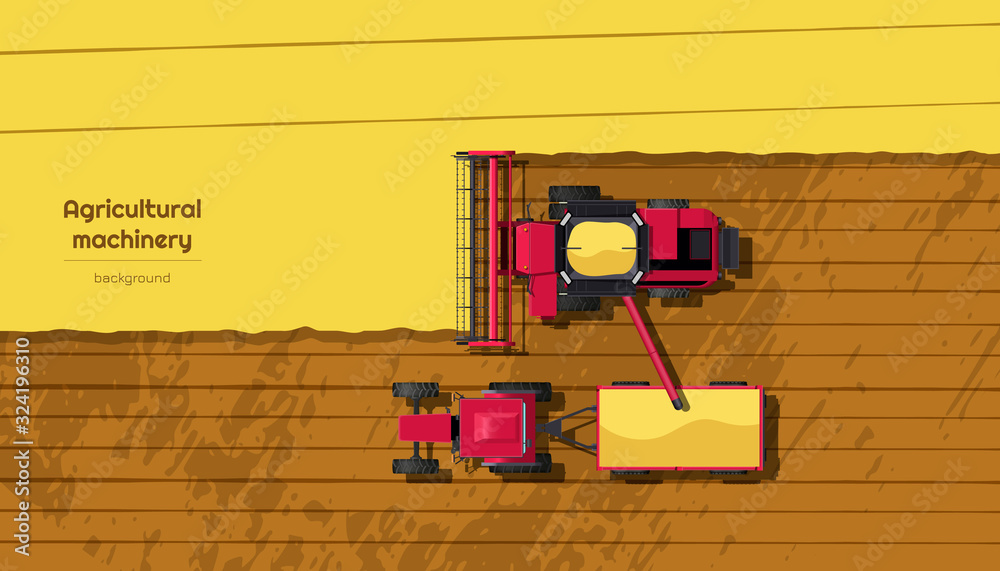 Agriculture machinery. Top view of harvester combine and tractor on ...