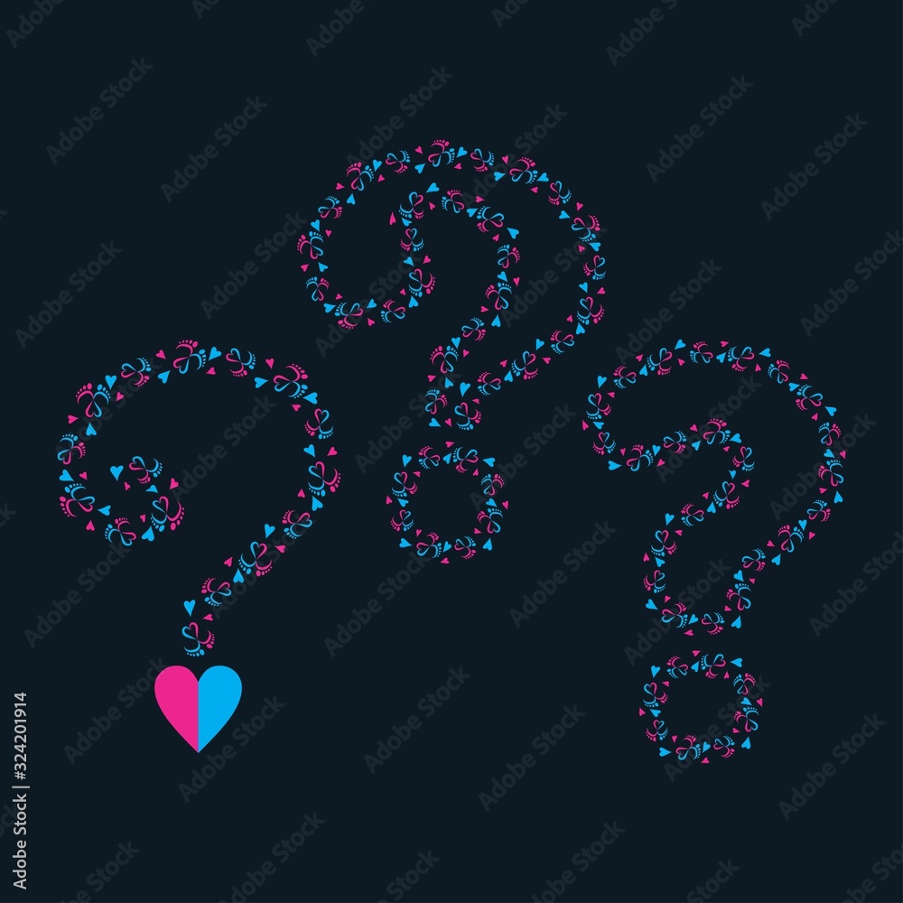 Gender reveal question mark with baby feet and heart vector ...