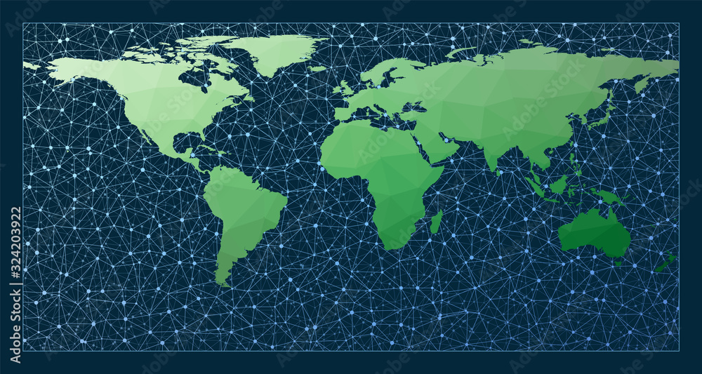 Abstract telecommunication world map. Equirectangular projection. Green ...