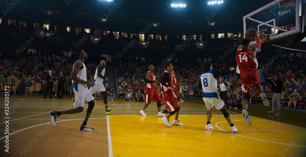 Basketball players on big professional arena during the game. Tense ...