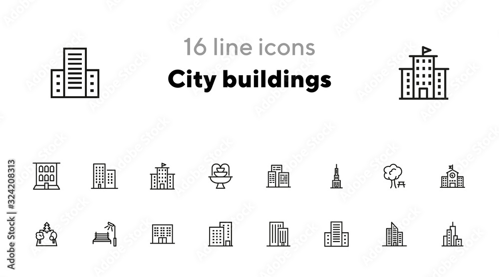 City buildings icon set. Line icons collection on white background ...