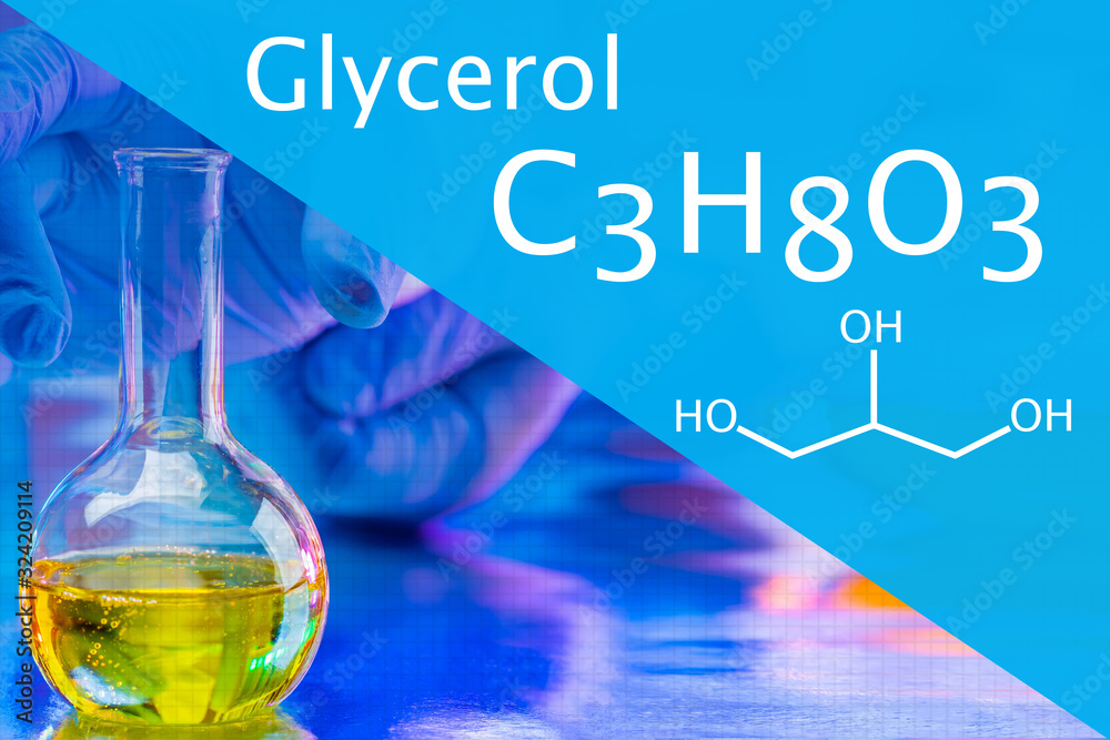 Glycerol on a blue background. C3H8O3. Creating cosmetics using ...