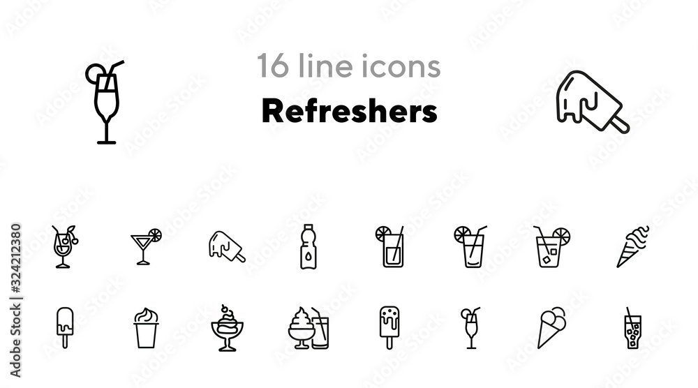 Refreshers line icon set. Cola, ice cream, lemonade. Drink concept. Can ...