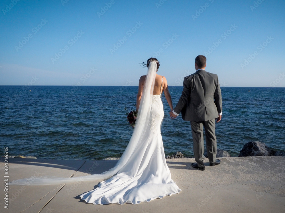 Pareja de esposos recién casados de espaldas la mano mirando al mar ...