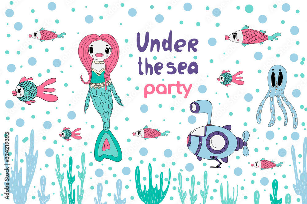 under The sea. birthday card with a cute little mermaid, fish and ...