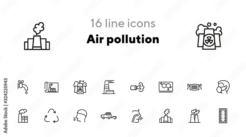 Air pollution line icon set. Fumes, recycling symbol, medical mask ...
