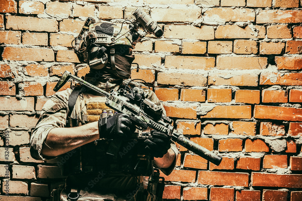 Shoulder portrait of army elite troops soldier, anti-terrorist tactical ...