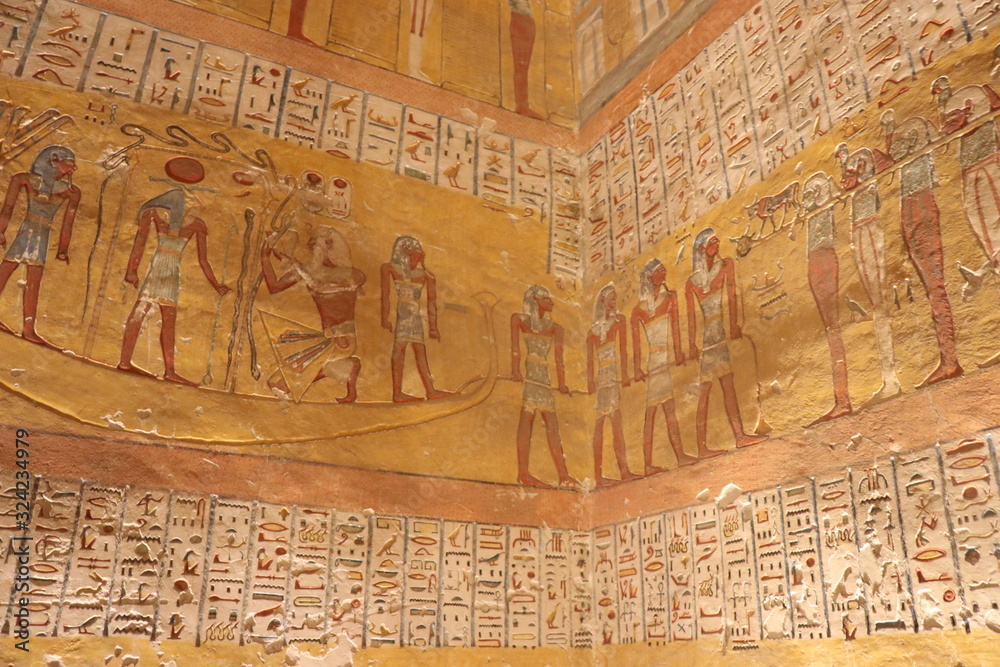 Hieroglyphics inside the Tomb of Rameses VI - Valley of the Kings. The ...