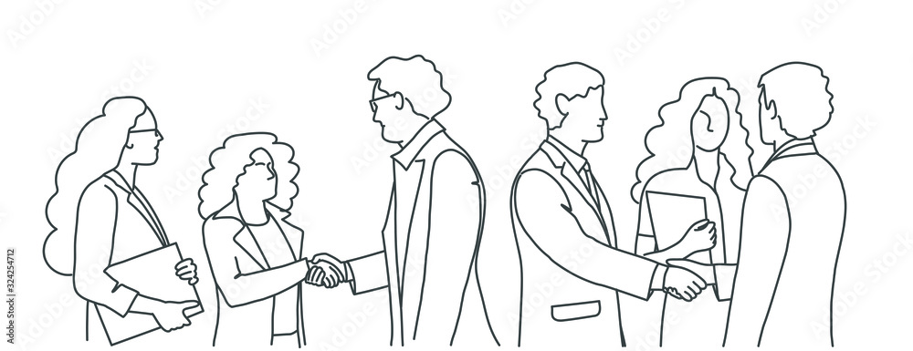 Line drawing illustration of business meeting. People handshake. Stock ...