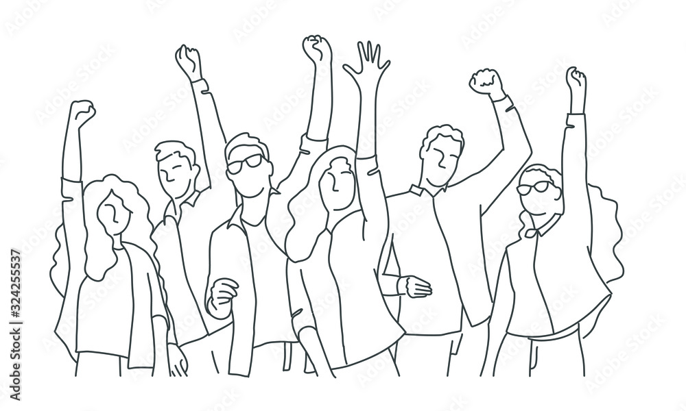 Line drawing illustration of happy friends or students raised arms ...