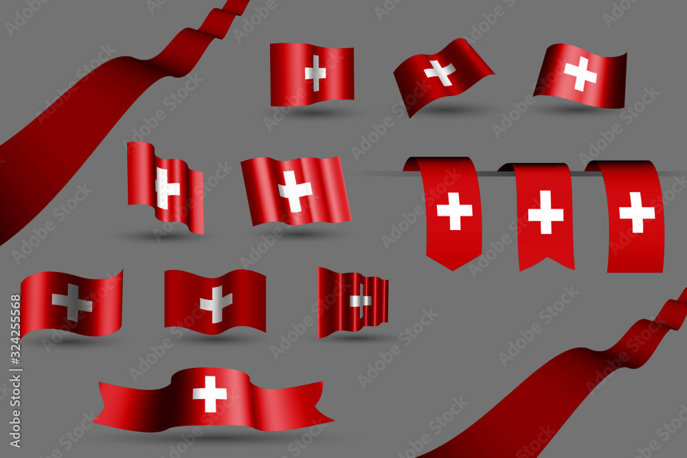 Many Switzerland flags, waving banners and bookmarks in the colors of ...