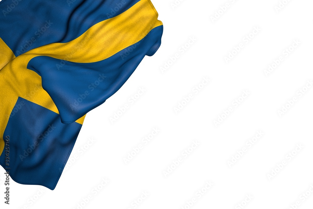 beautiful Sweden flag with big folds lay in top left corner isolated on ...
