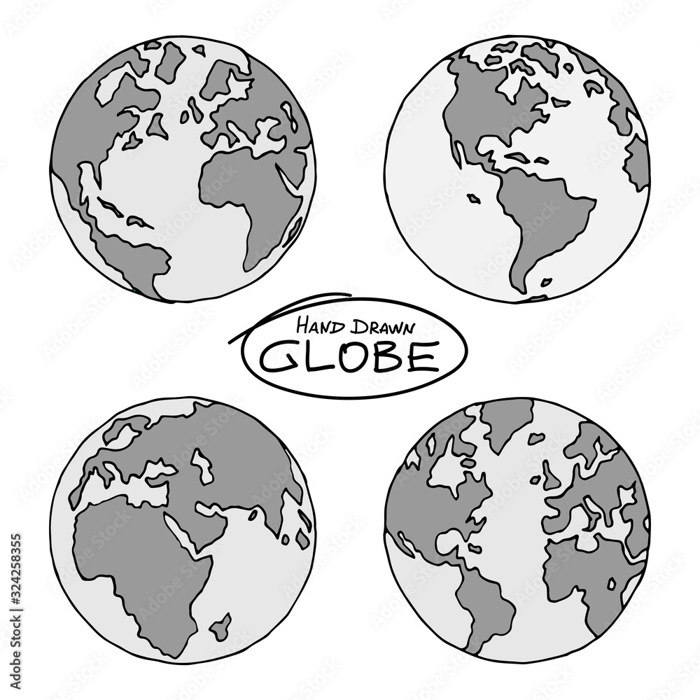 Hand drawn globe in four projections. Western and eastern, north and ...