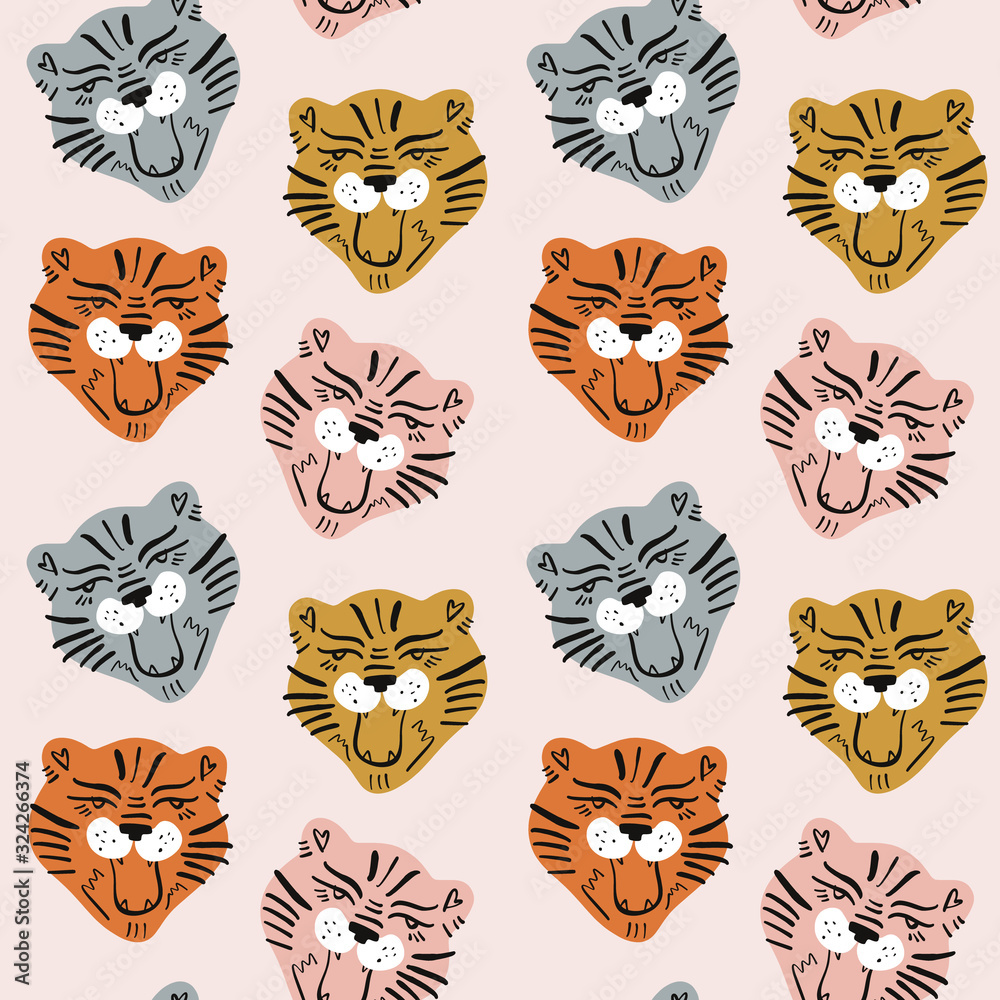 Cute tiger cat face seamless pattern vector print, nursery illustration ...
