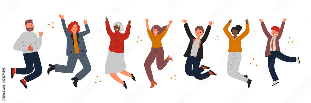 Happy jumping office workers. Cheerful corporate employees cartoon ...