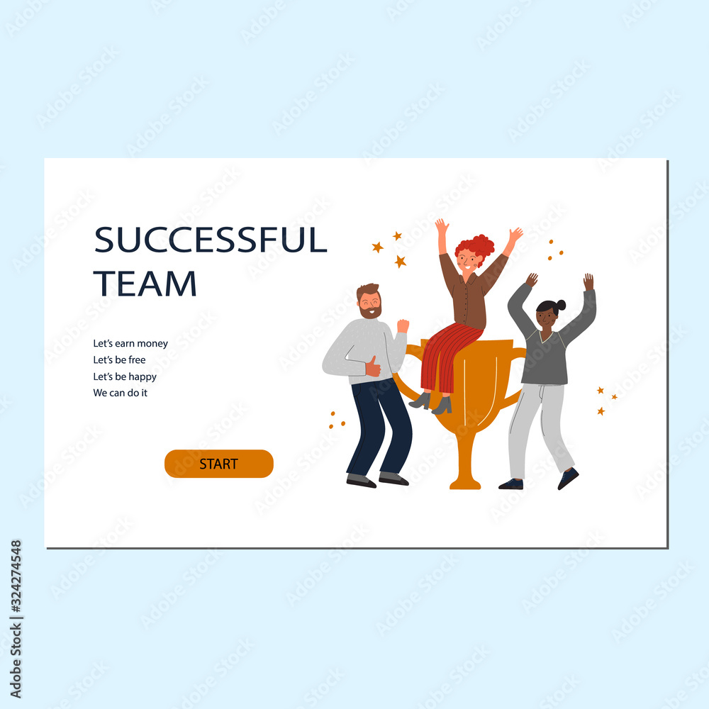 Successful team concept. Manager sits on cup and happy team. Colored ...