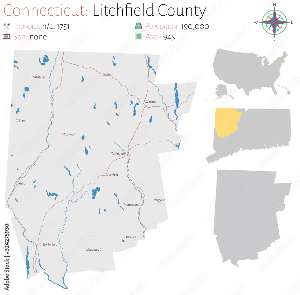 Large and detailed map of Litchfield county in Connecticut, USA. Stock ...