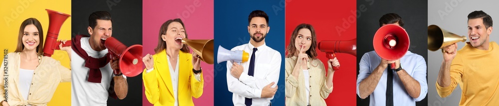 Collage of people with megaphones on color backgrounds. Banner design ...