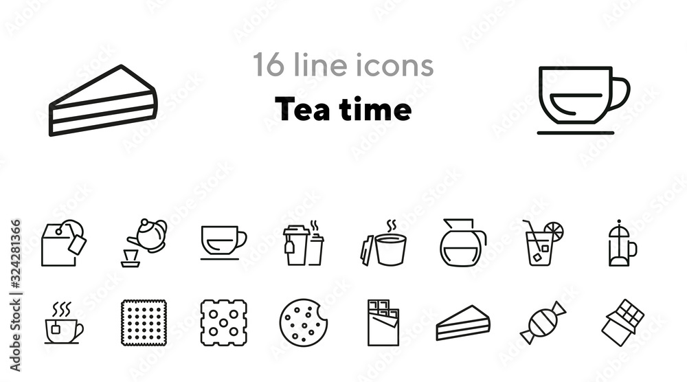 Tea time icons. Set of line icons. Cheesecake slice, bar of chocolate ...