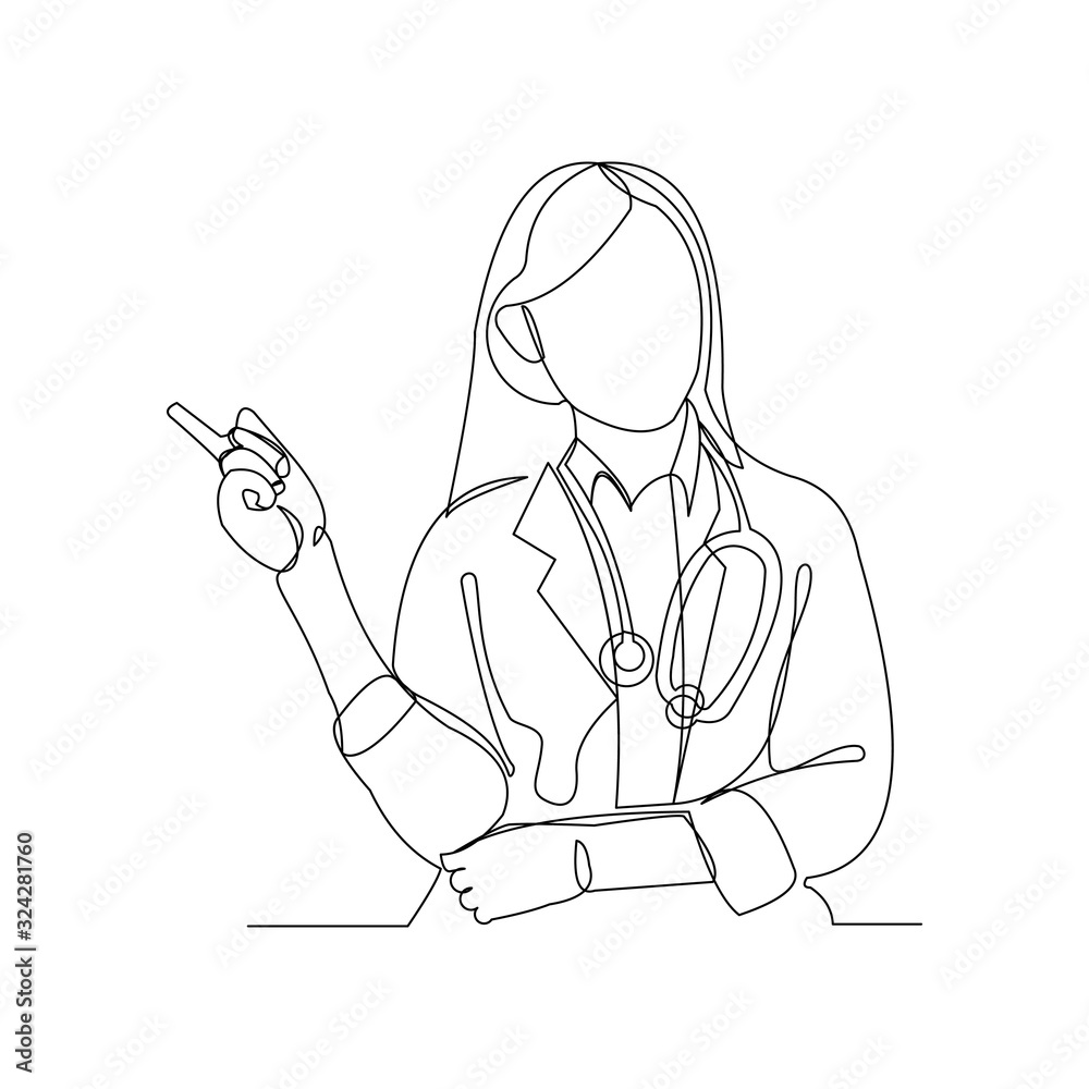 Continuous line drawing of woman doctor with stethoscope. One line art ...