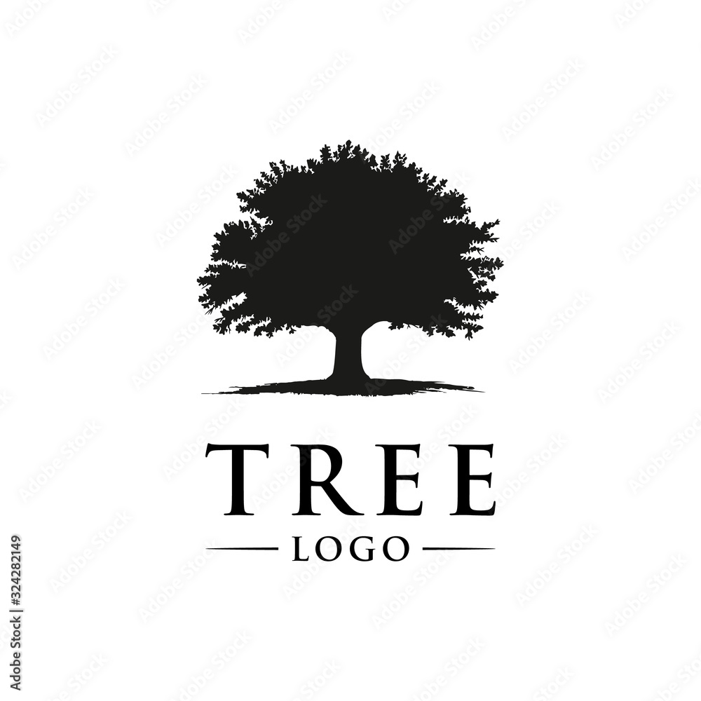 Black Tree Vector. Forest Wood Logo. Oak Leaf Design with Silhouette ...