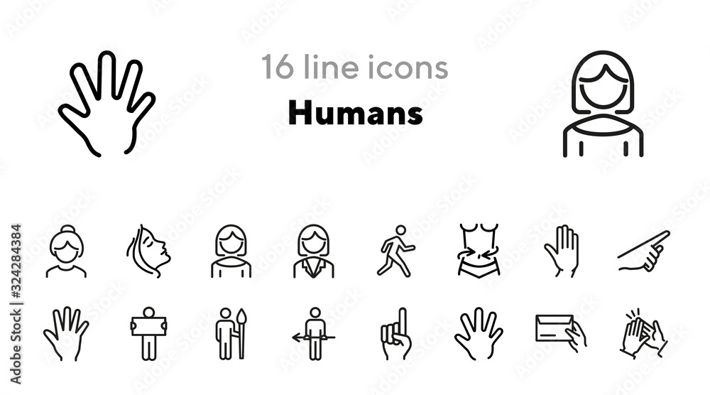 Humans line icon set. Person, woman, face, body, hand. Home concept ...