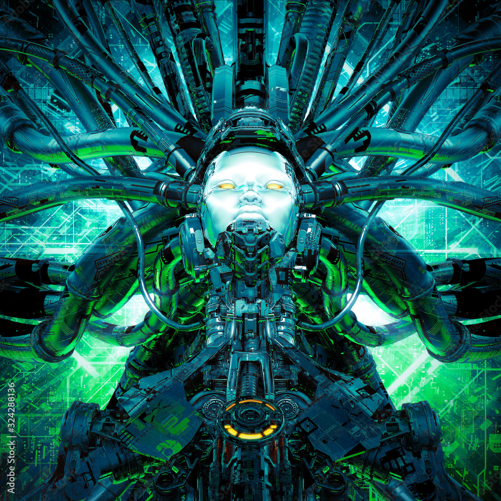 Robot flight cockpit / 3D illustration of science fiction female alien ...