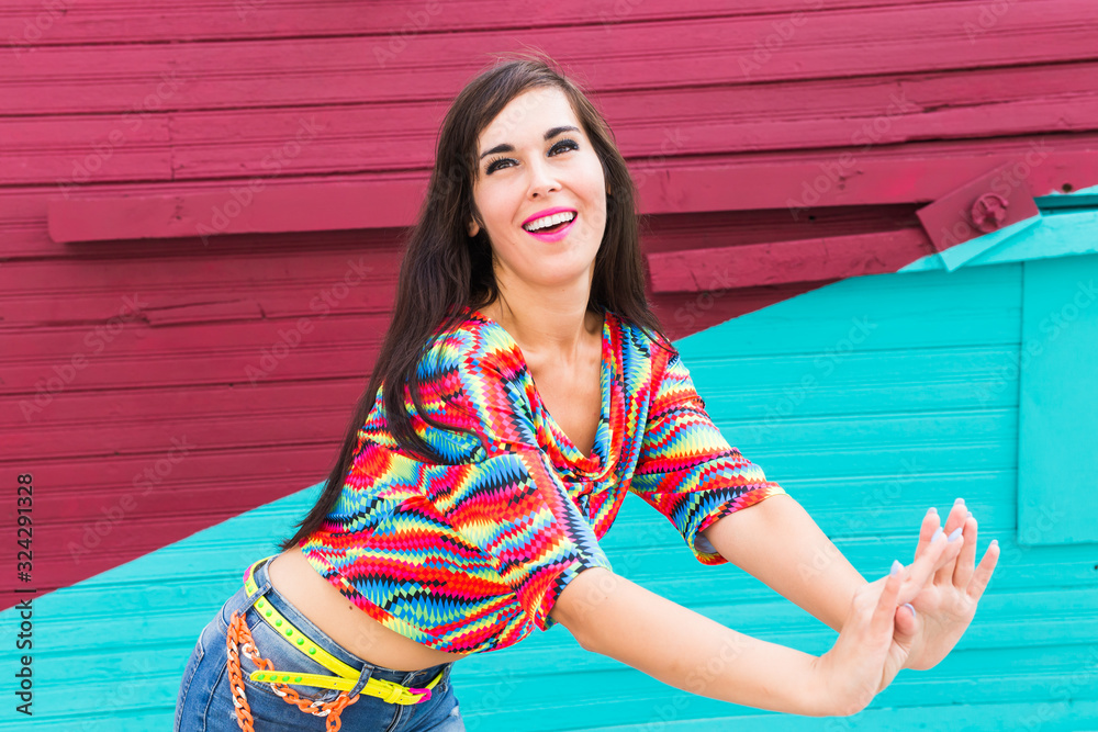 Street shaabi dance and urban dancer concept - Cheerful belly dancer ...