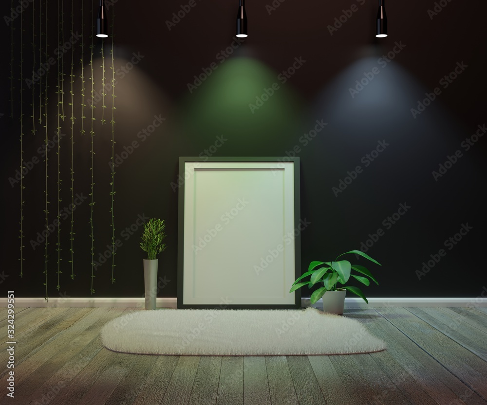 The template of an empty frame in the dark interior of the studio ...