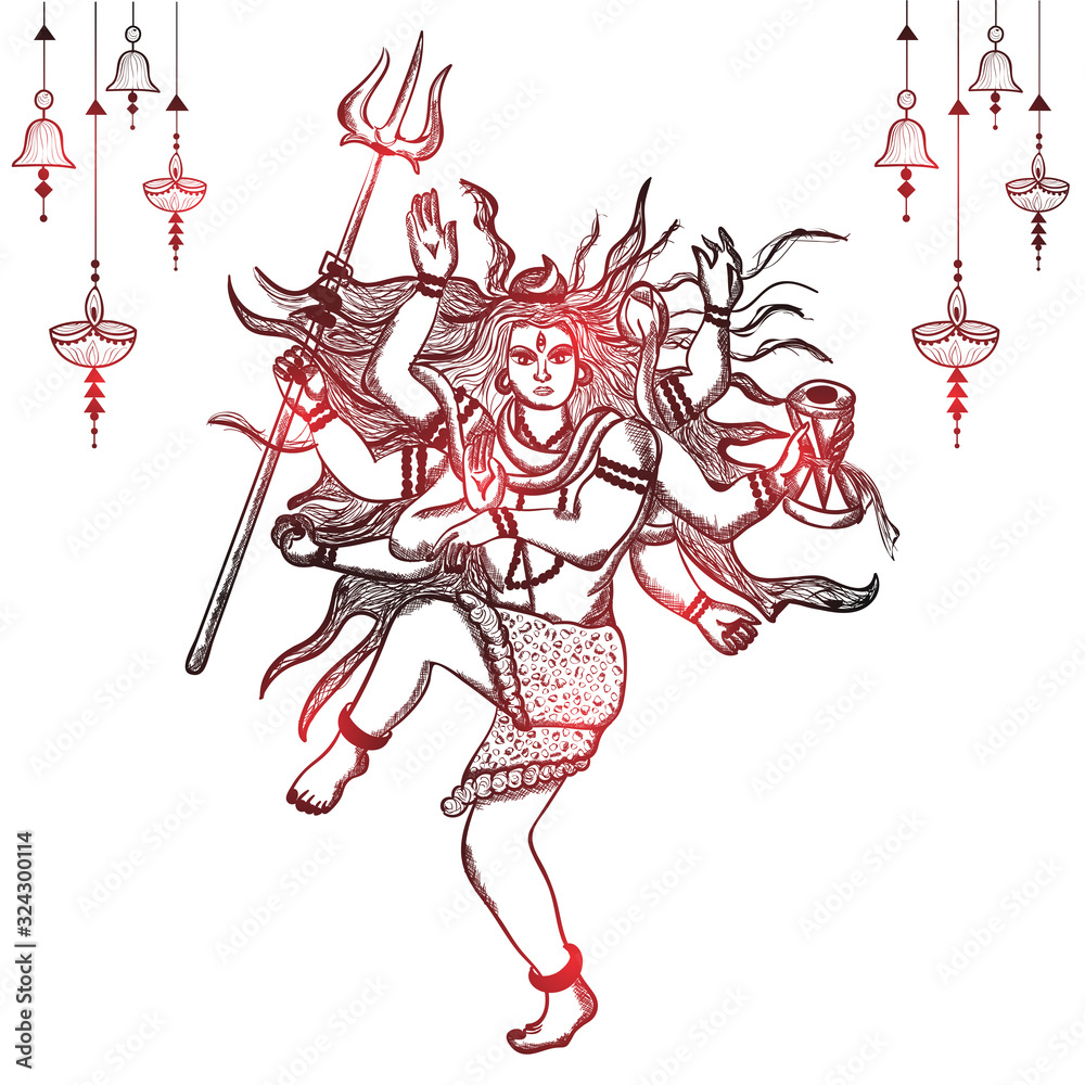 Hand Drawn Illustration Of Lord Shiva In Hindu Mythology With Red Shine