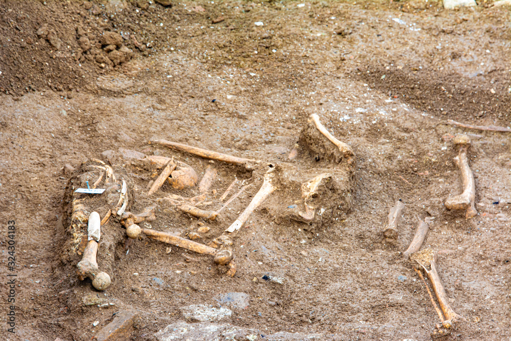 Site of archaeological excavation, remains of human bones and ancient ...