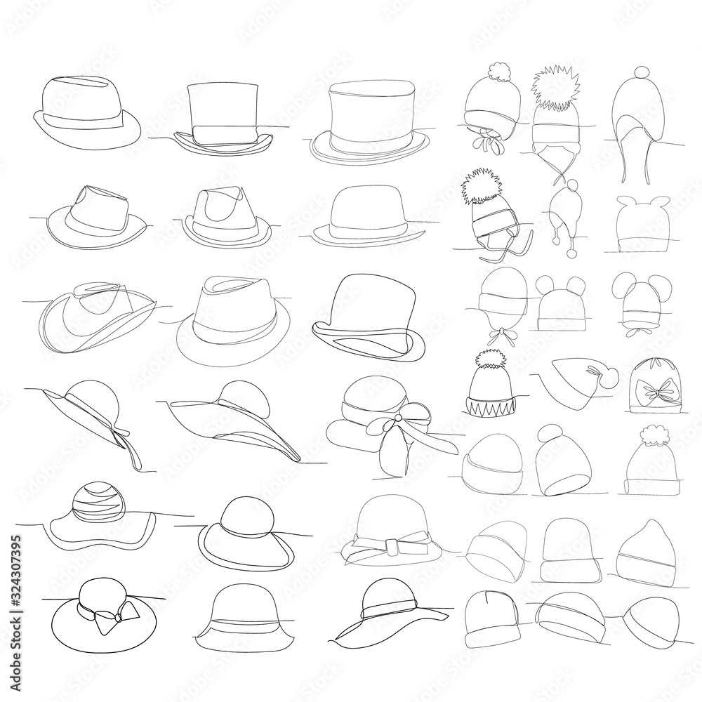 vector, isolated, simple single line drawing of a set of caps and hats ...