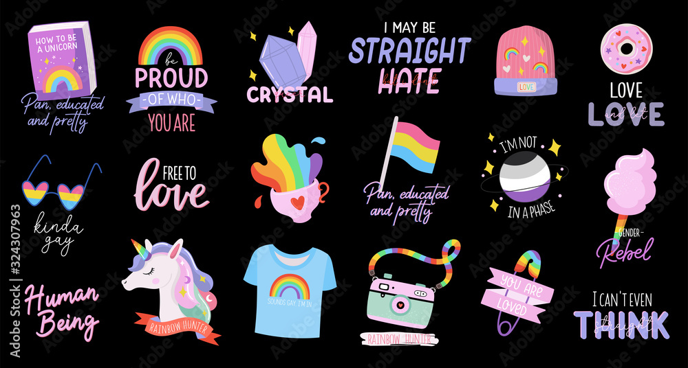Colorful LGBTQ pride print. Beautiful and cute equality symbols and ...
