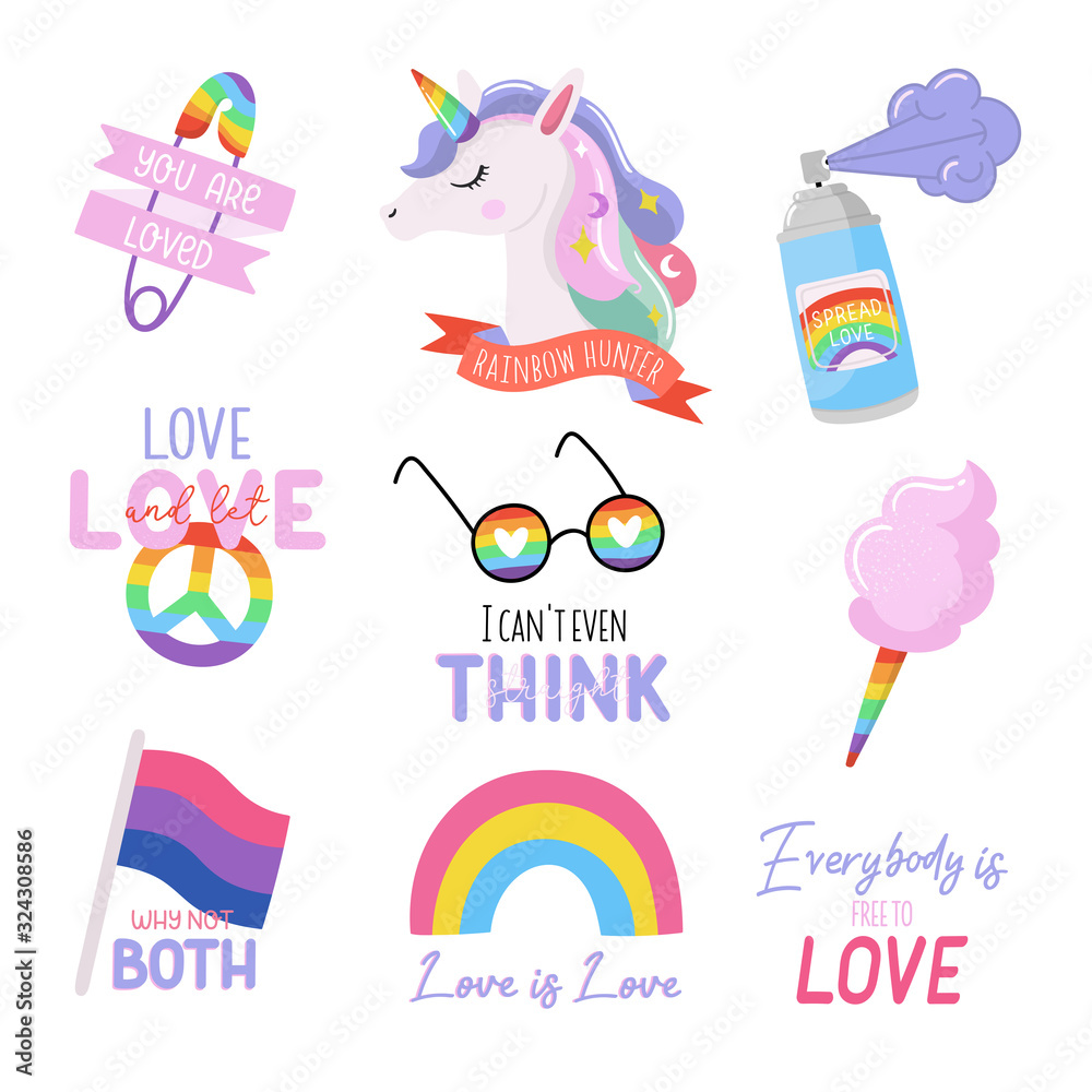 LGBTQ pride symbols set. Colorful design elements and typography ...