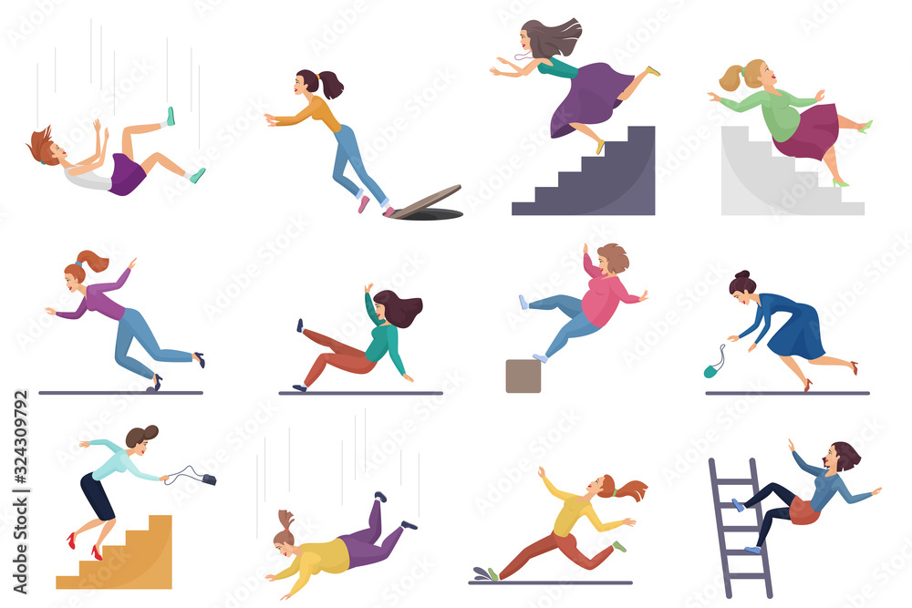 Set of cartoon vector injuring female woman falling down the stairs and ...