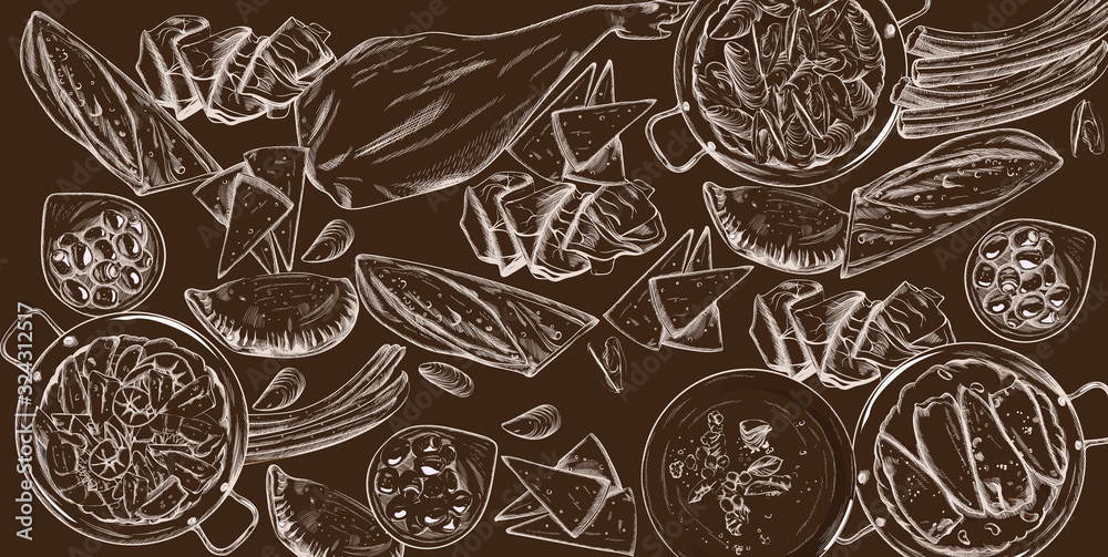 Vector set of spanish national food. Mussels, jamon bone, baguette ...