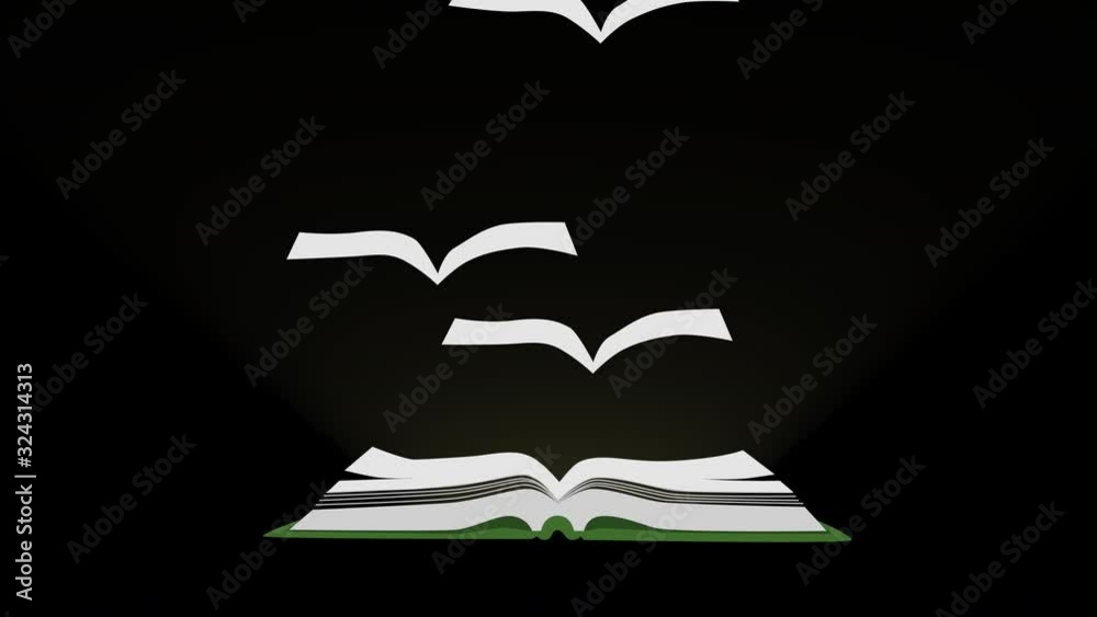 2D animation on alfa channel, open book lying, pages flying up like ...