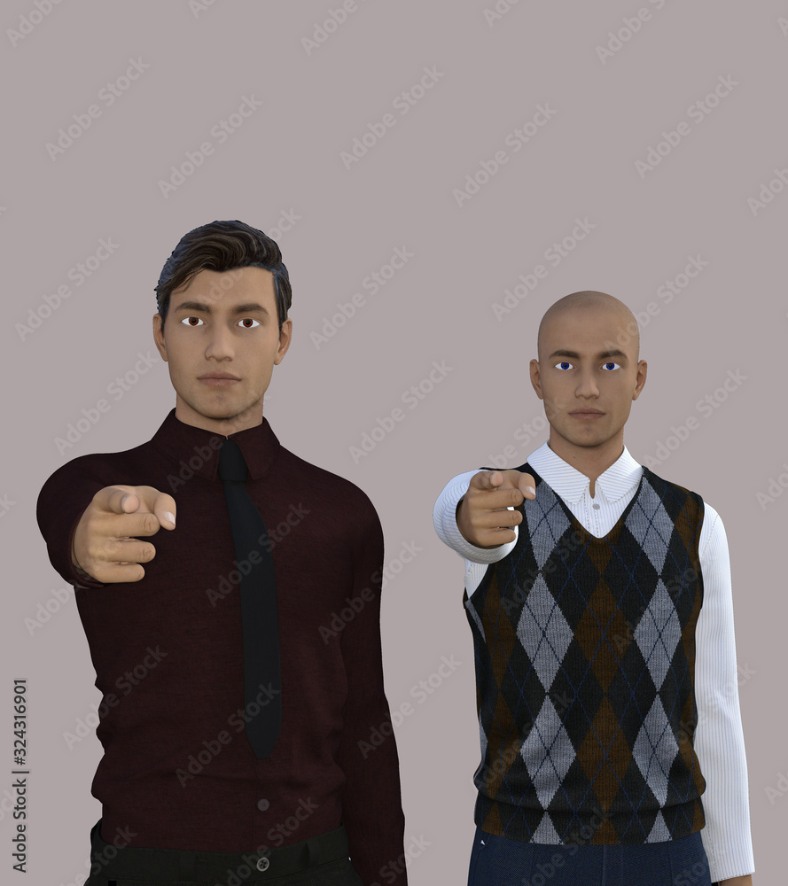 Two people point a finger - symbolizes attracting attention, giving ...