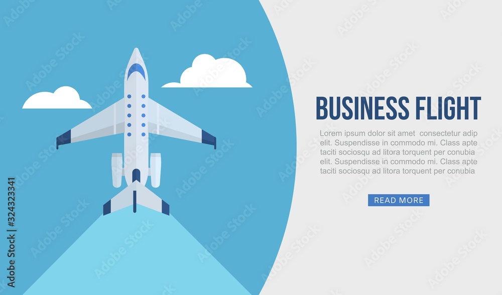 Business flight vector web template illustration. Airplane in the sky ...
