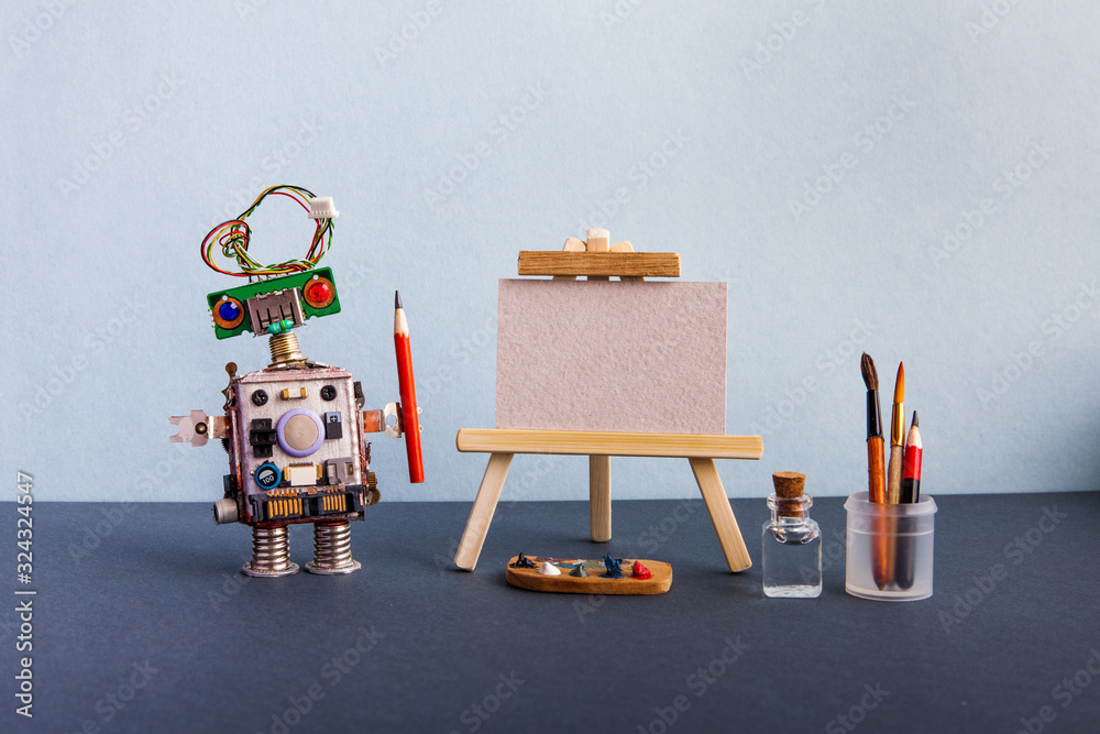 Robot teacher drawing lesson. Creative robotic artist art studio ...
