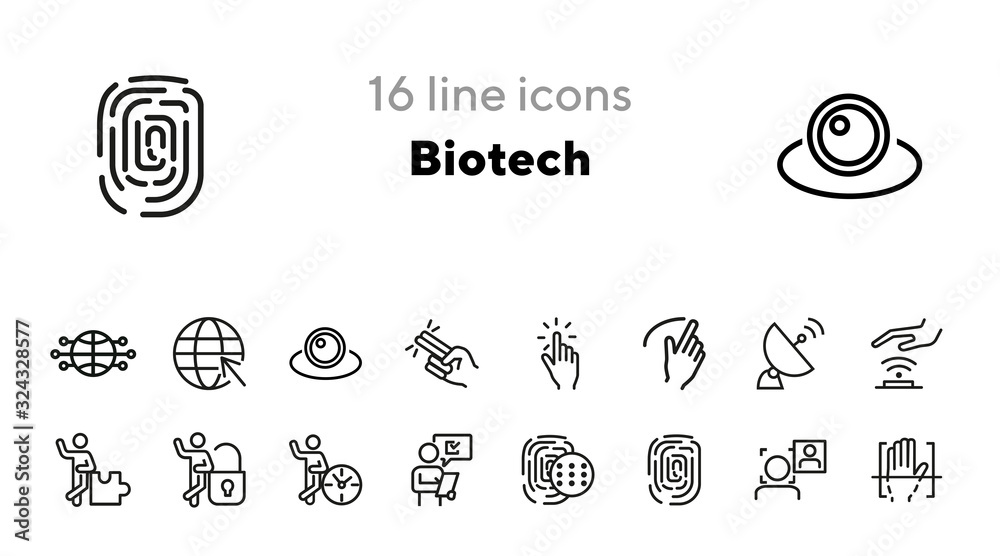 Biotech line icon set. Biometric scanning, face recognition ...