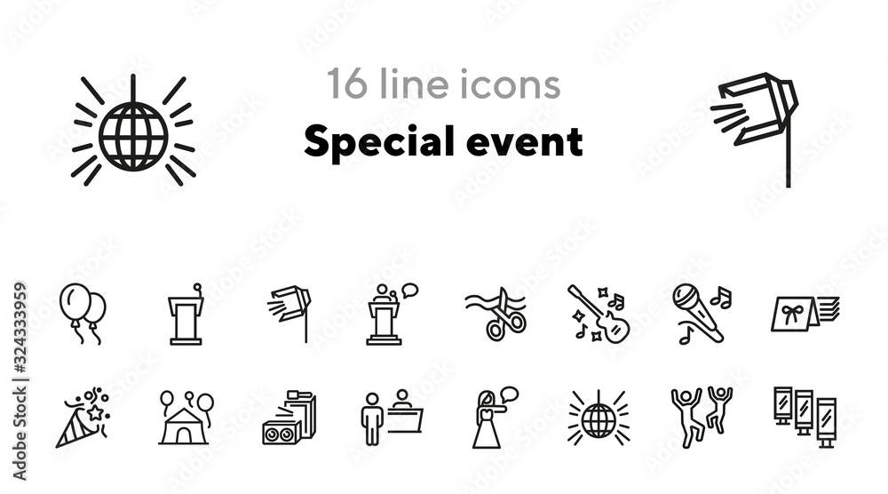 Special event line icon set. Concert, show, disco, dancing, invitation ...