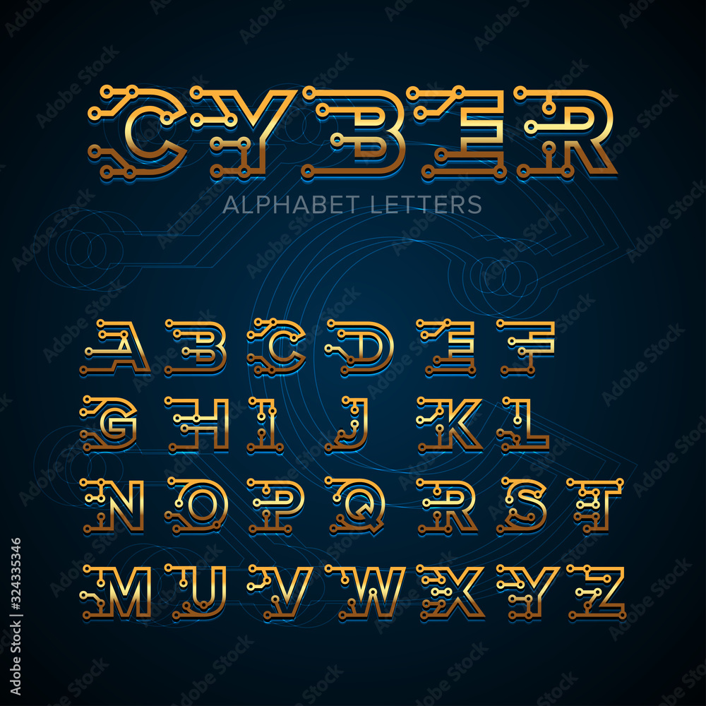 Golden Cyber Techno type font alphabet. Digital hi-tech style letters ... Golden Cyber Techno type font alphabet. Digital hi-tech style letters ...
