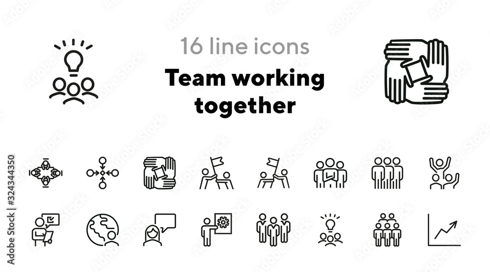 Team working together line icon set. Stack of hands, group of people ...